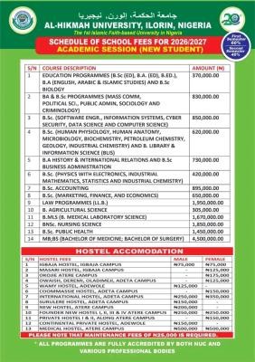 Al-Hikmah University releases school fees schedule, 2026/2027