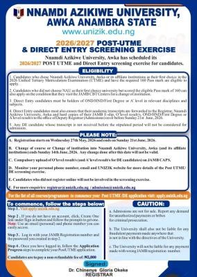 UNIZIK Post-UTME/DE 2026: Cut-off mark, Eligibility and…